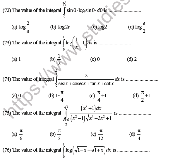JEE Mathematics Definite Integration MCQs Set A with Answers